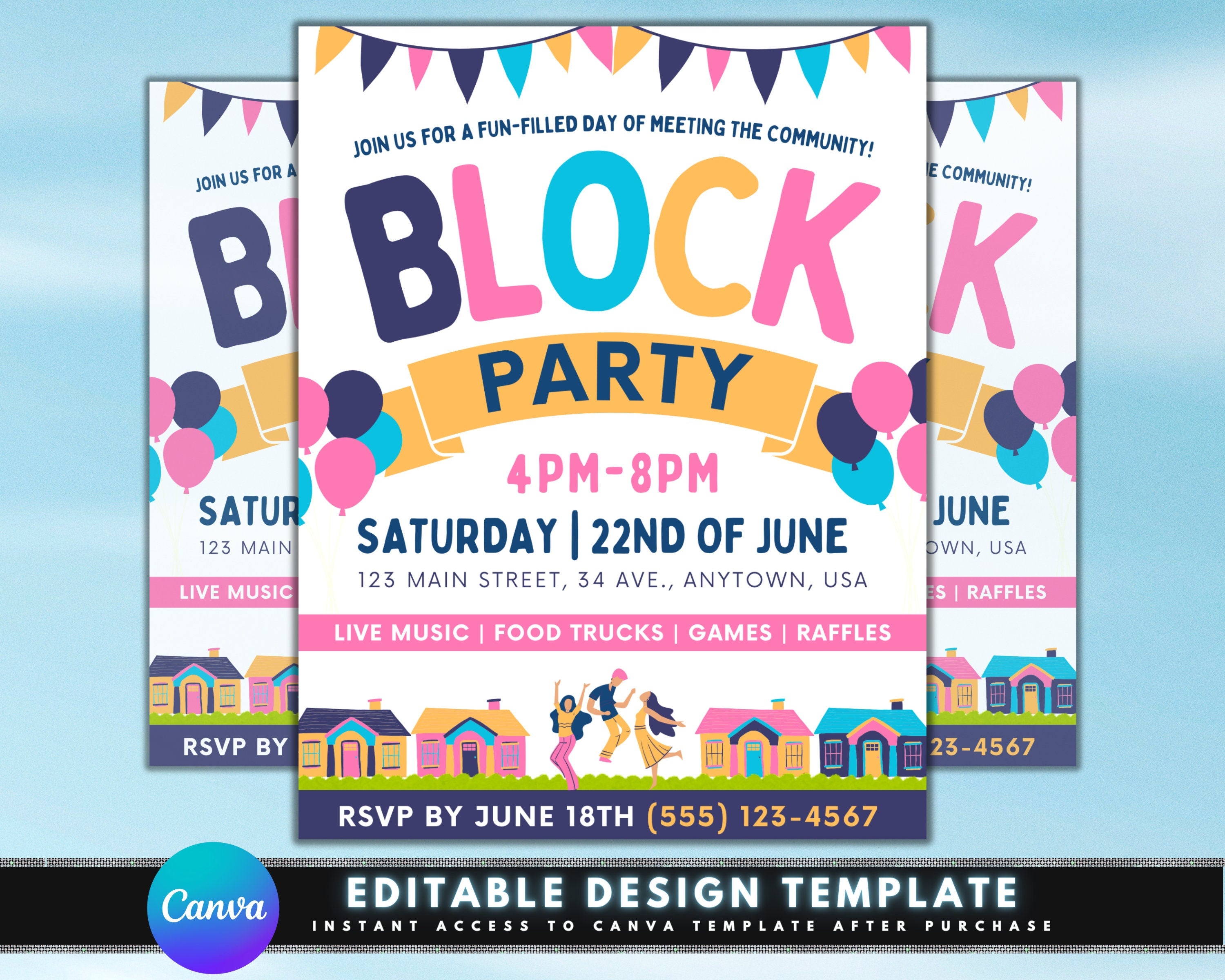 Block Party Invitation Flyer, DIY Flyer Template Design, Neighborhood ...