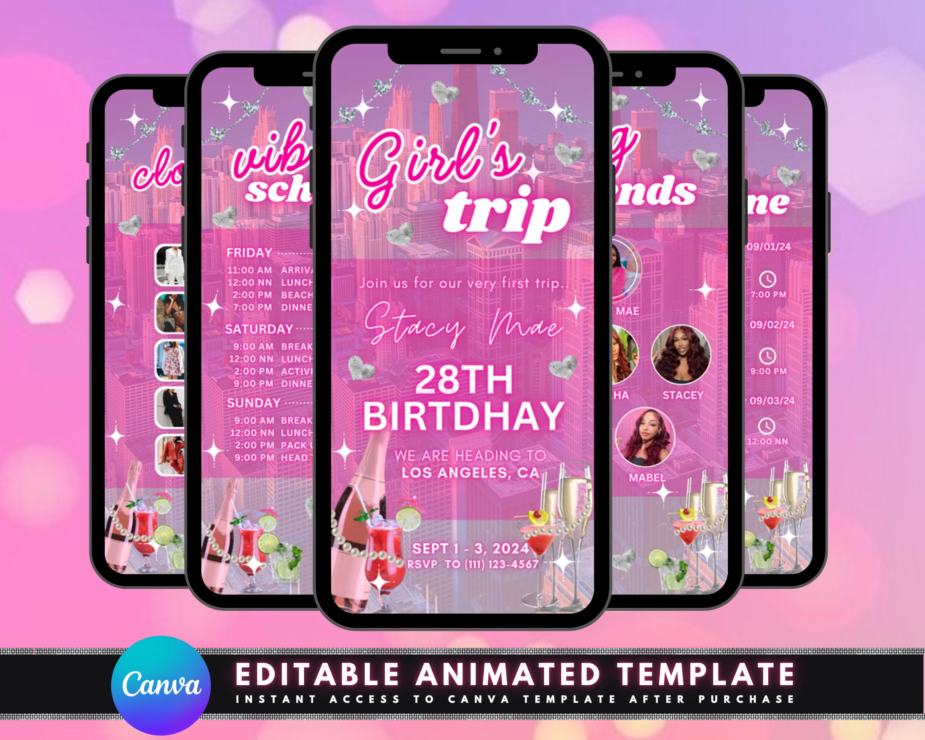 Animated Girls Trip Invitation, DIY Template Design, Girls Itinerary V ...
